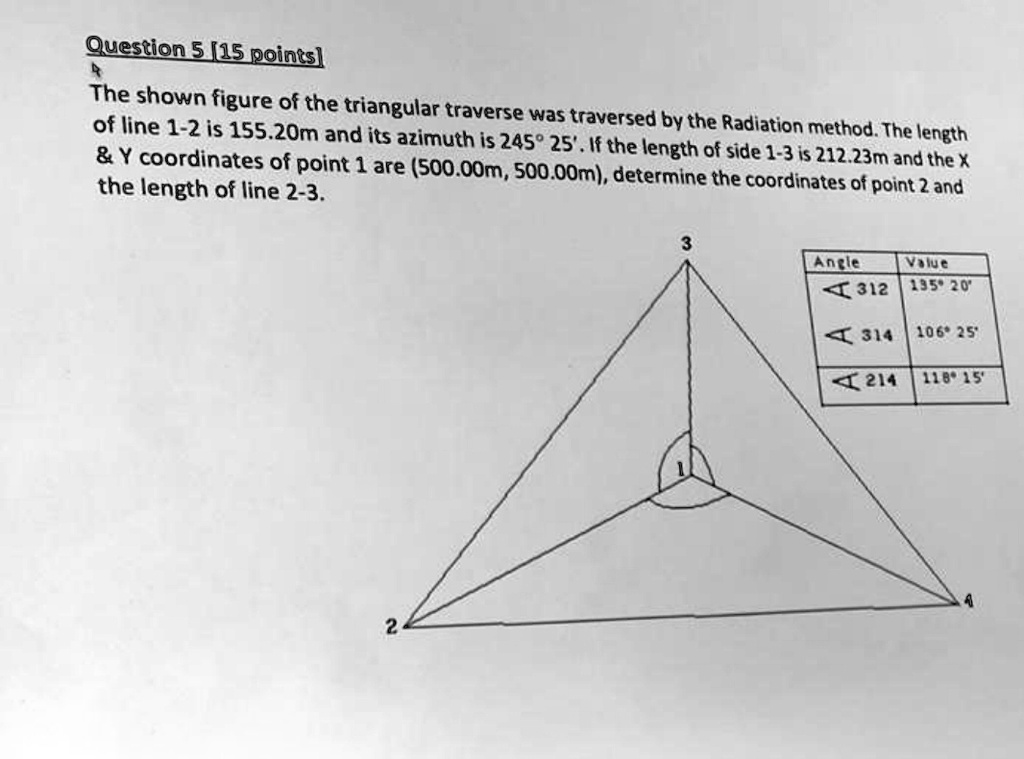 Question 5 [15 points]: The shown figure of the triangular traverse of ...