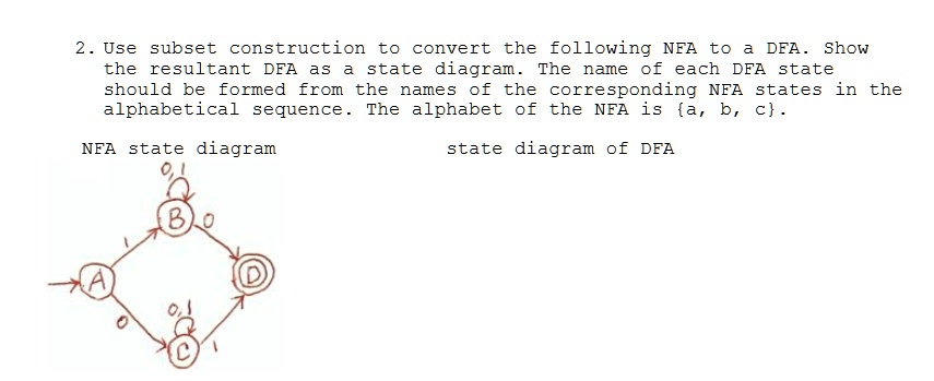 SOLVED: Use subset construction to convert the following NFA to a DFA ... SOLVED: Use subset construction to convert the following NFA to a DFA ...