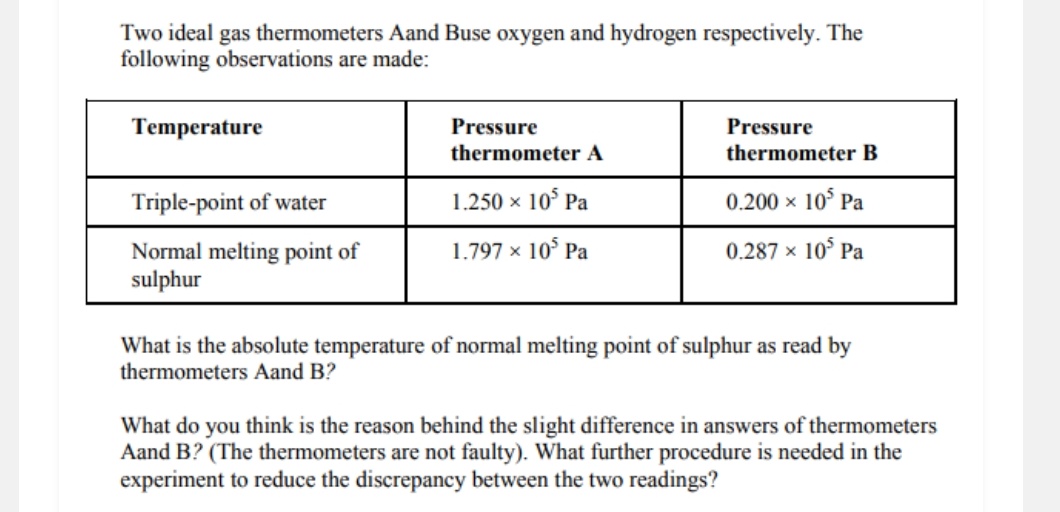 SOLVED: Two ideal gas thermometers Aand Buse oxygen and hydrogen ...