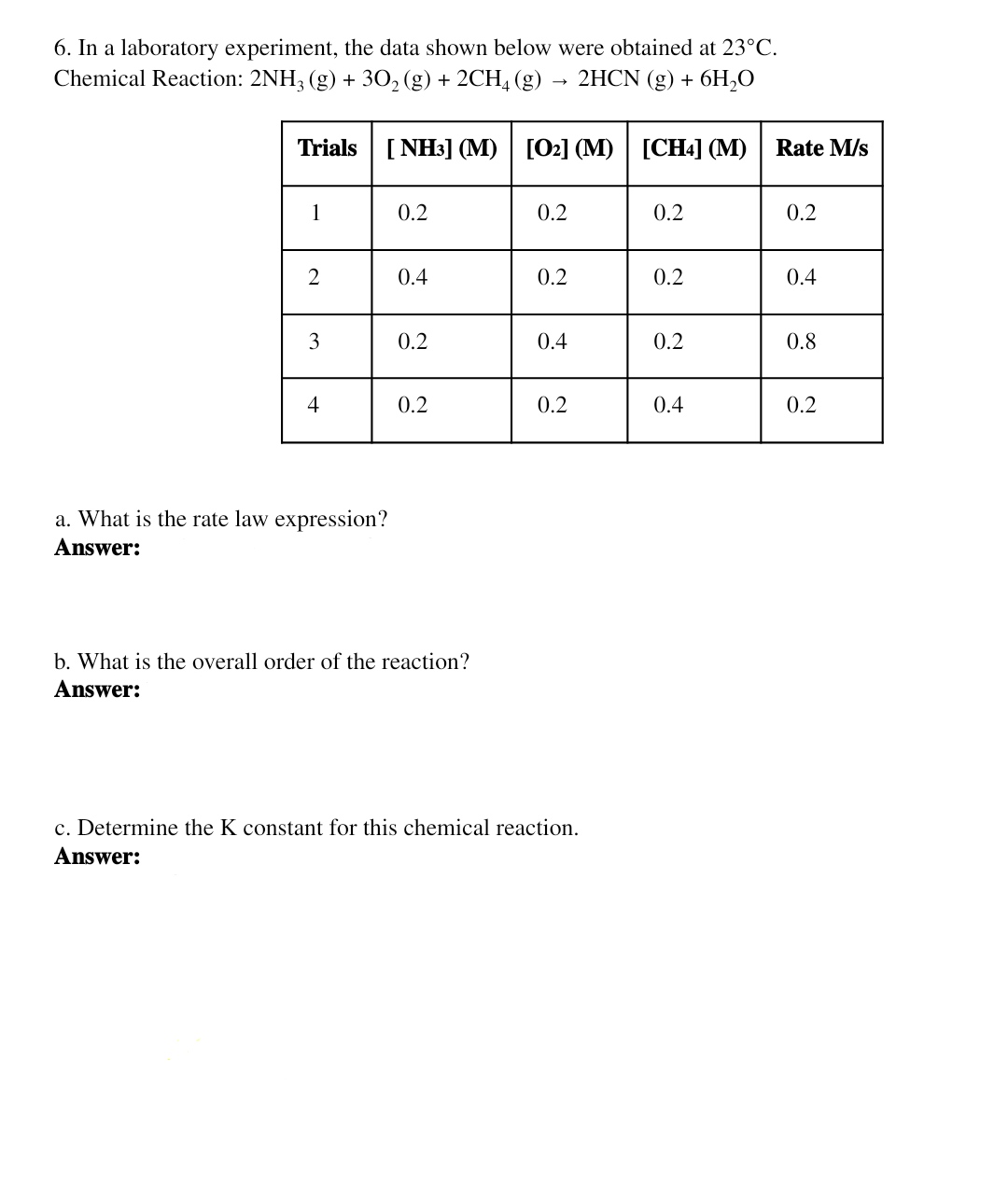 6. In a laboratory experiment, the data shown below were obtained at 23 ...