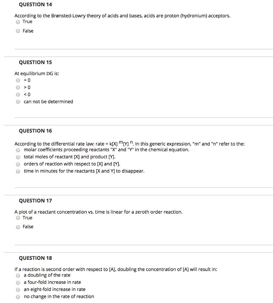 SOLVED: QUESTION 14 According to the Bronsted-Lowry theory of acids and bases, acids are proton ...