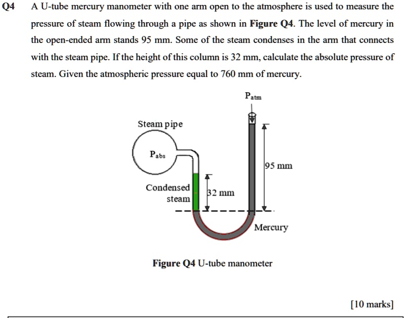 q4 a u tube mercury manometer with one arm open to the atmosphere is used to measure the ...