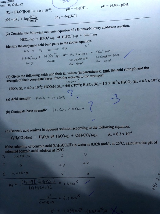 SOLVED: Jring 2018 ncm IB. Quiz #2 pOH: log[H+]: [H3O+][OH-] = 1.0x10^-14, pKw = 14, log(Kw) = 7 ...