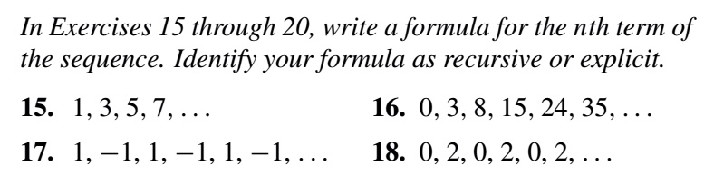 SOLVED: In Exercises 15 through 20, write a formula for the nth term of ...