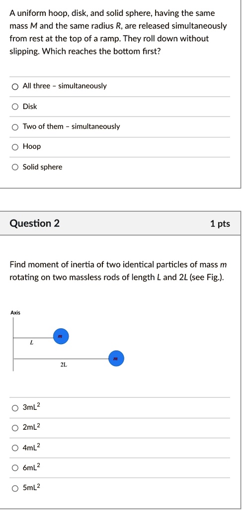 SOLVED: A uniform hoop, disk, and solid sphere, all having the same ...