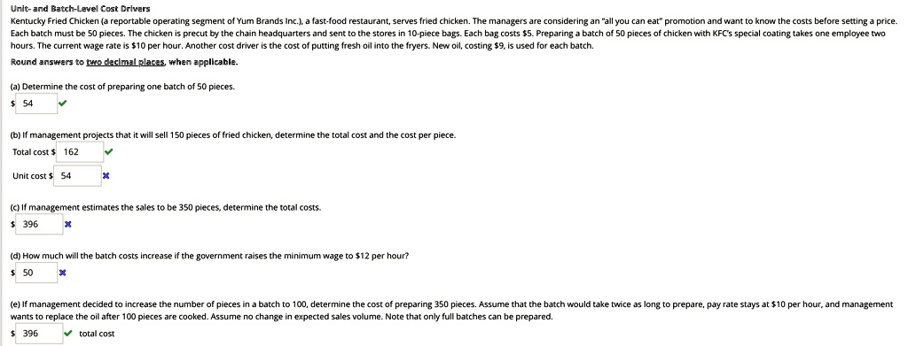 Solved Unit And Batch Level Cost Drivers Kentucky Fried Chicken A 8504