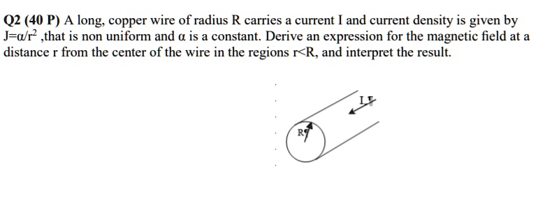 SOLVED: A long copper wire of radius R carries current, and the current density is given by J ...