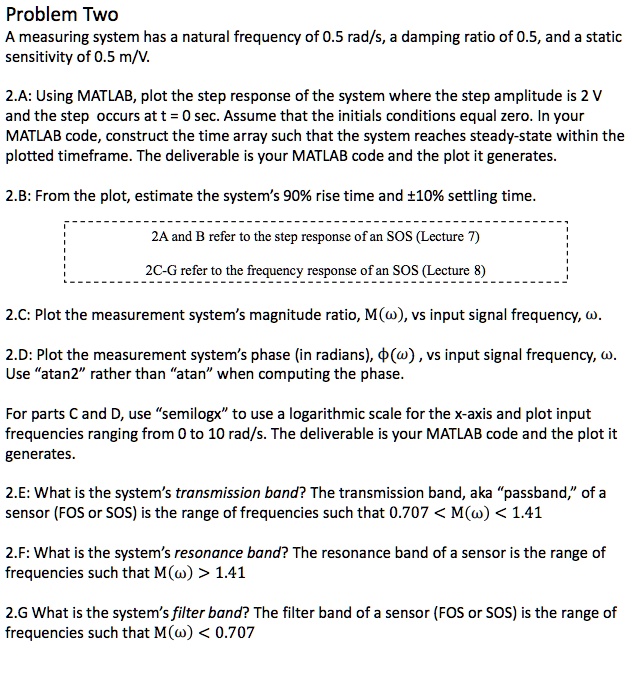 SOLVED: Problem Two: A measuring system has a natural frequency of 0.5 rad/s, damping ratio of 0 ...