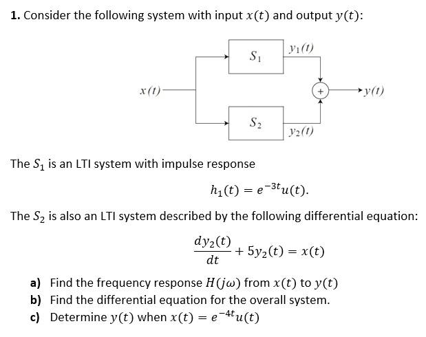 SOLVED: Consider the following system with input x(t) and output y(t): y1(t) S1 x(t) y(t) S2 y2 ...