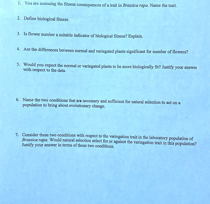 Solved You Are Assessing The Fitness Consequences Of Trait In Brassica Rapa Name The Trait