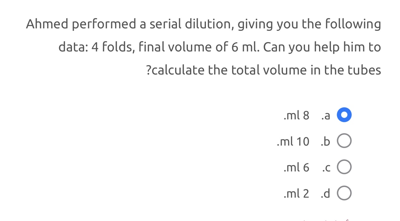 SOLVED: Ahmed performed a serial dilution, giving you the following data: 4 folds, final volume ...