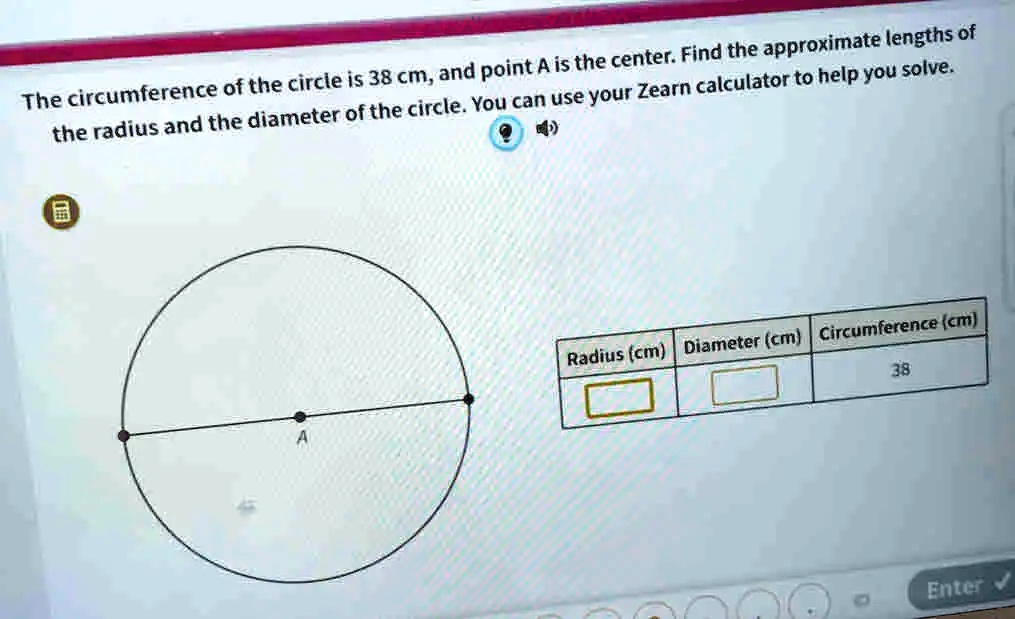 The circumference of the circle is 38 cm, and point A is the center. Find the approximate ...