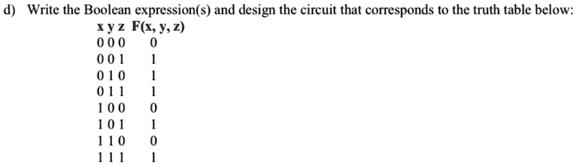 d write the boolean expressions and design the circuit that corresponds to the truth table below ...