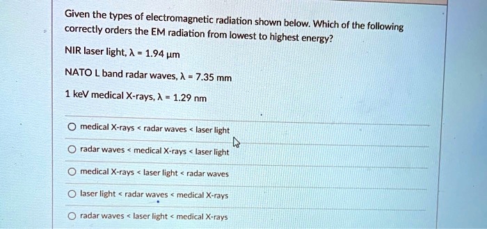 given the types of electromagnetic radiation shown below which of the ...