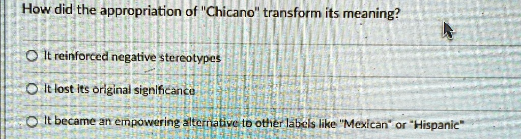SOLVED: How did the appropriation of "Chicano" transform its meaning ...