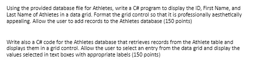 SOLVED: Using the provided database file for Athletes, write a C# ...