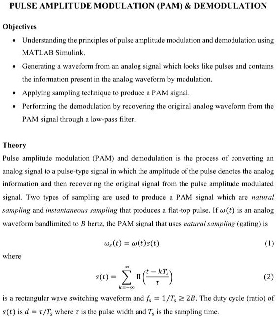 Solved Pulseamplitudemodulation Pam Demodulation Objectives