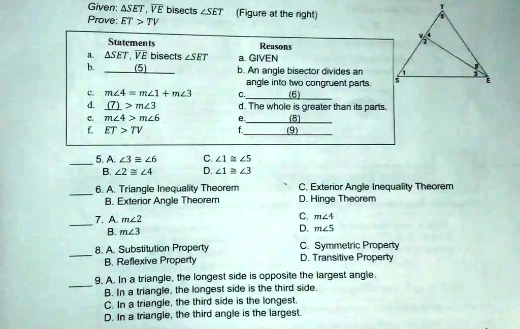 given aset ve bisects lset figure at the right prove et tv statements aset ve bisects lset ...