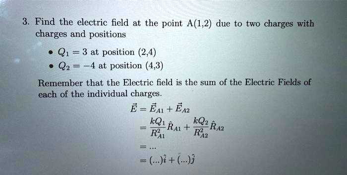 SOLVED: Find the electric field at the point A(1,2) due to two charges ...