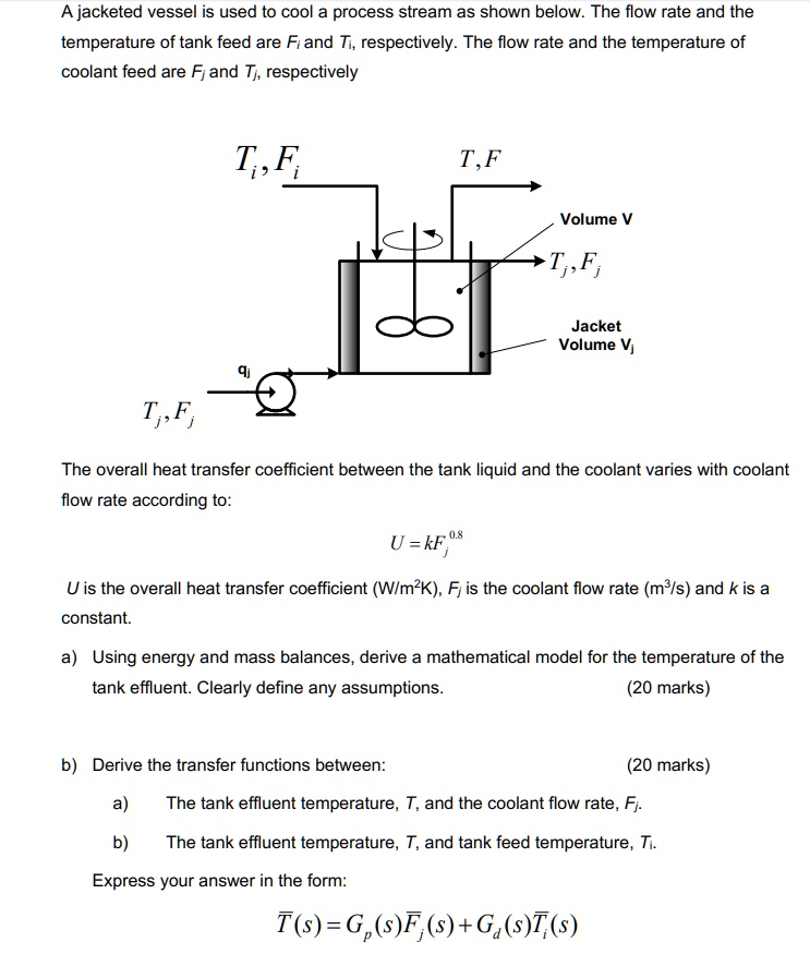 A jacketed vessel is used to cool a process stream as shown below. The ...