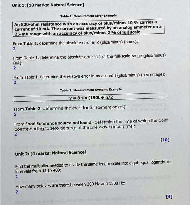 SOLVED: Unit 1: [10 marks: Natural Science] Table 1: Measurement Error Example An 820-ohm ...