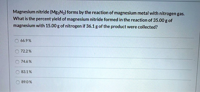 SOLVED: Magnesium nitride (Mg3N2) forms by the reaction of magnesium ...