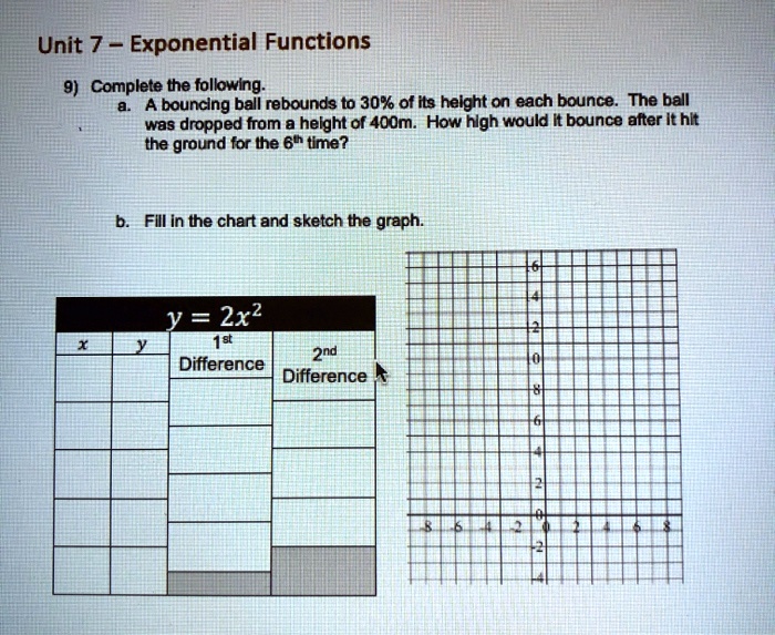 Unit 7 - Exponential Functions 9) Complete the following. a. A bouncing ball rebounds to 30% of ...