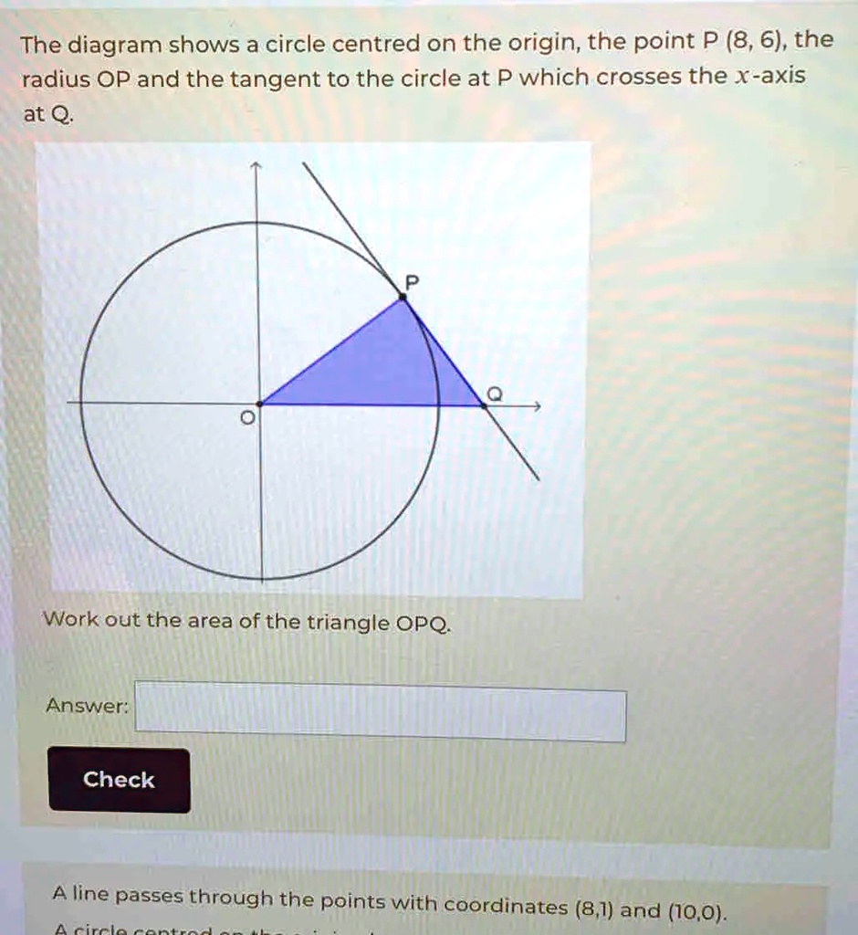 The diagram shows a circle centred on the origin, the point P (8, 6), the radius OP and the ...