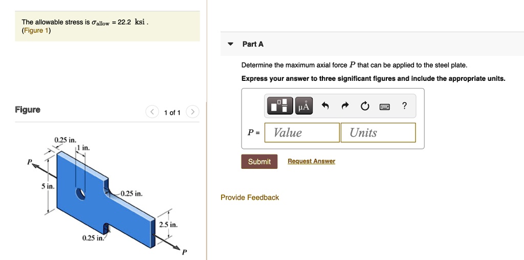 The allowable stress is σallow = 22.2 ksi. (Figure 1) Part A Determine the maximum axial force P ...