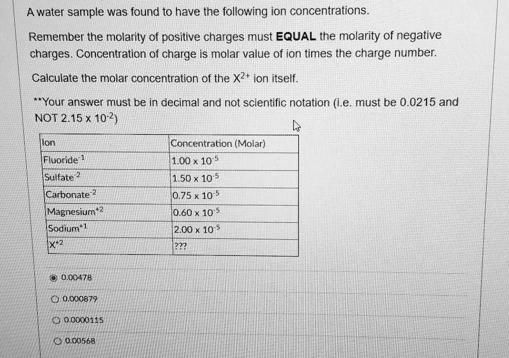 SOLVED: A water sample was found to have the following ion concentrations. Remember, the ...