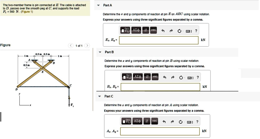 The two-member frame is pin connected at E. The cable is attached to D ...