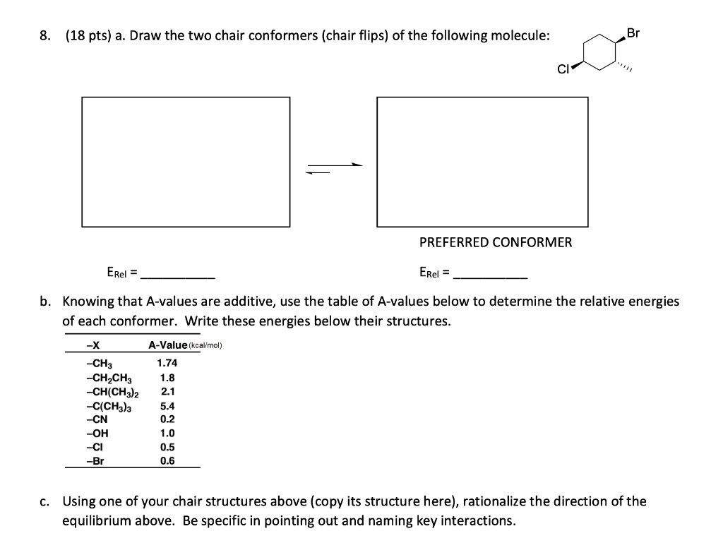 SOLVED: Draw the two chair conformers (chair flips) of the following molecule: PREFERRED ...