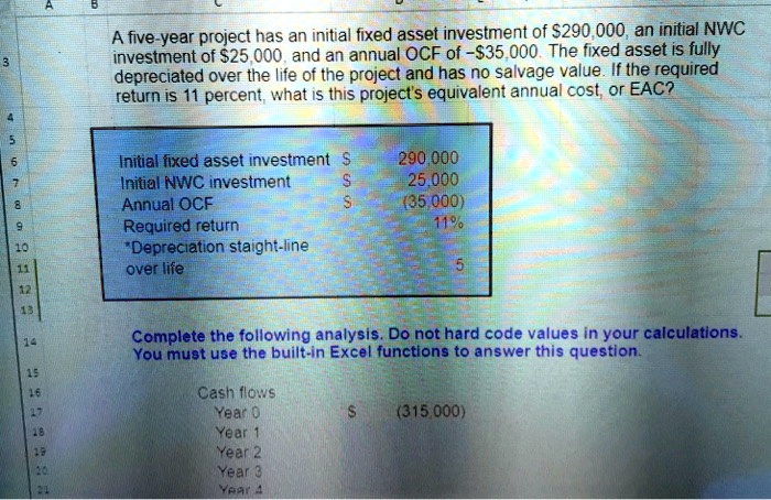 SOLVED: A five-year project has an initial fixed asset investment of 290,000, an initial NWC ...