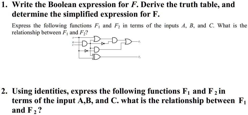 SOLVED: 1. Write the Boolean expression for F. Derive the truth table, and determine the ...
