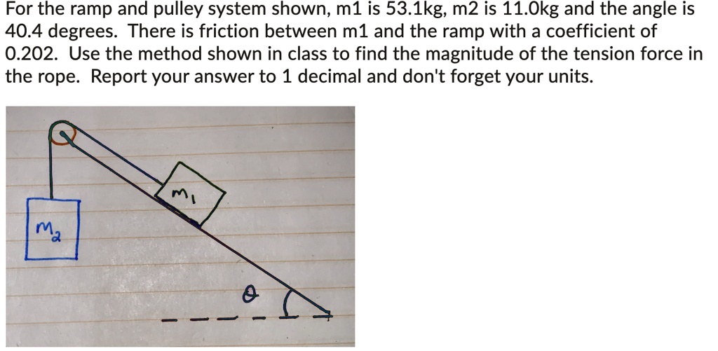 SOLVED:For the ramp and pulley system shown, ml is 53.1kg, m2 is 11.Okg ...