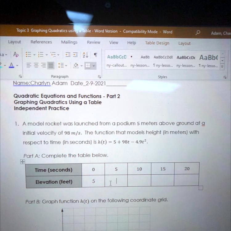 Topic 3 Graphing Quadratics using a Table - Word Version ...