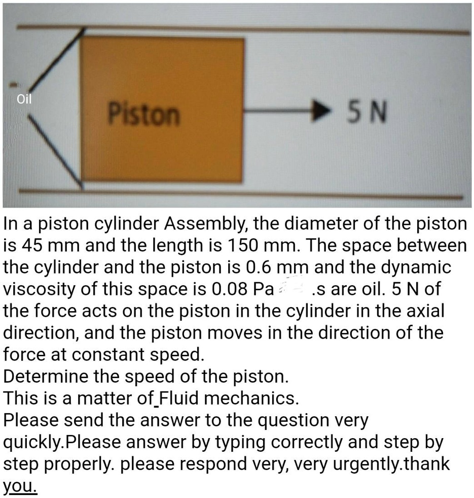SOLVED: Oil Piston 5 N In a piston cylinder Assembly, the diameter of ...