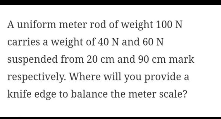 SOLVED: A uniform meter rod of weight 100 N carries a weight of 40 N ...
