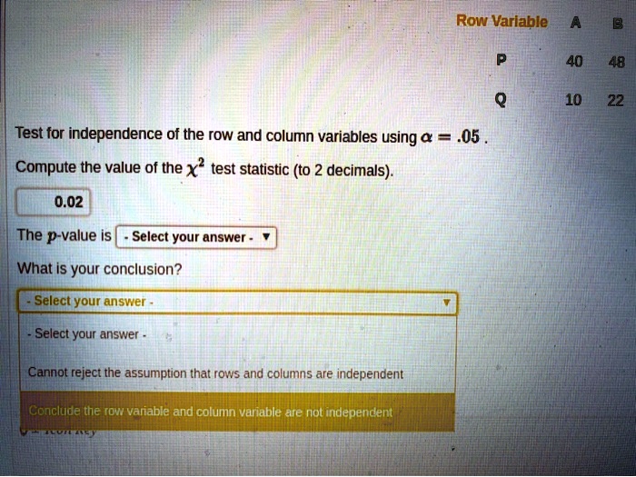 row variable 40 48 10 22 test for independence of the row and column ...