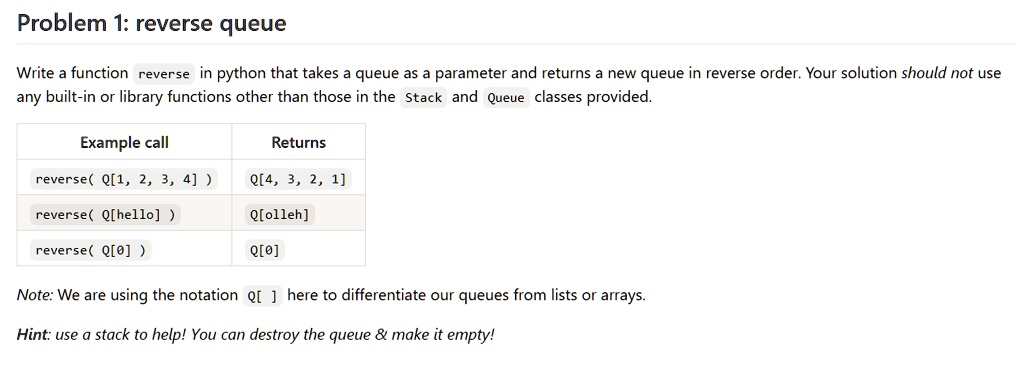 Problem 1 Reverse Queue Write A Function Reverse In Python That Takes A Queue As A Parameter