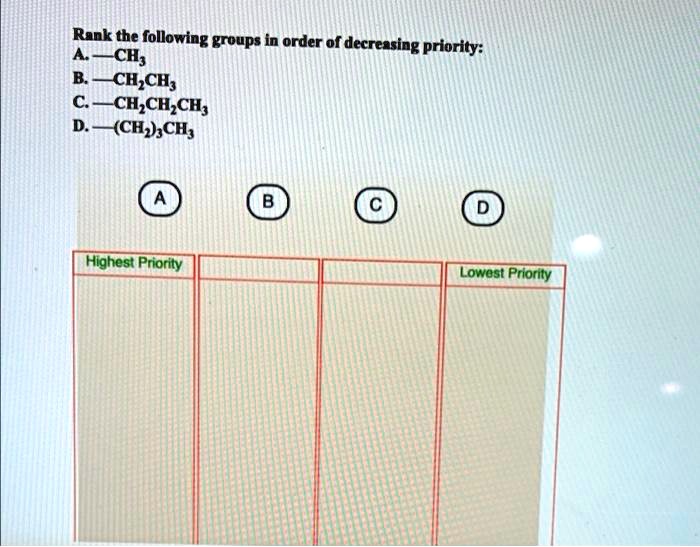 SOLVED: Please help!!! Rank the following groups in order of decreasing priority: CH; CH,CH; CH ...