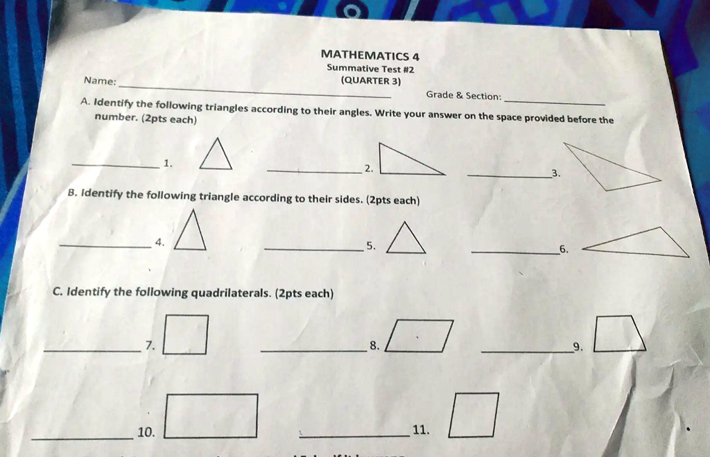 MATHEMATICS 4 Summative Test #2 Name: (QUARTER 3) Grade Section ...