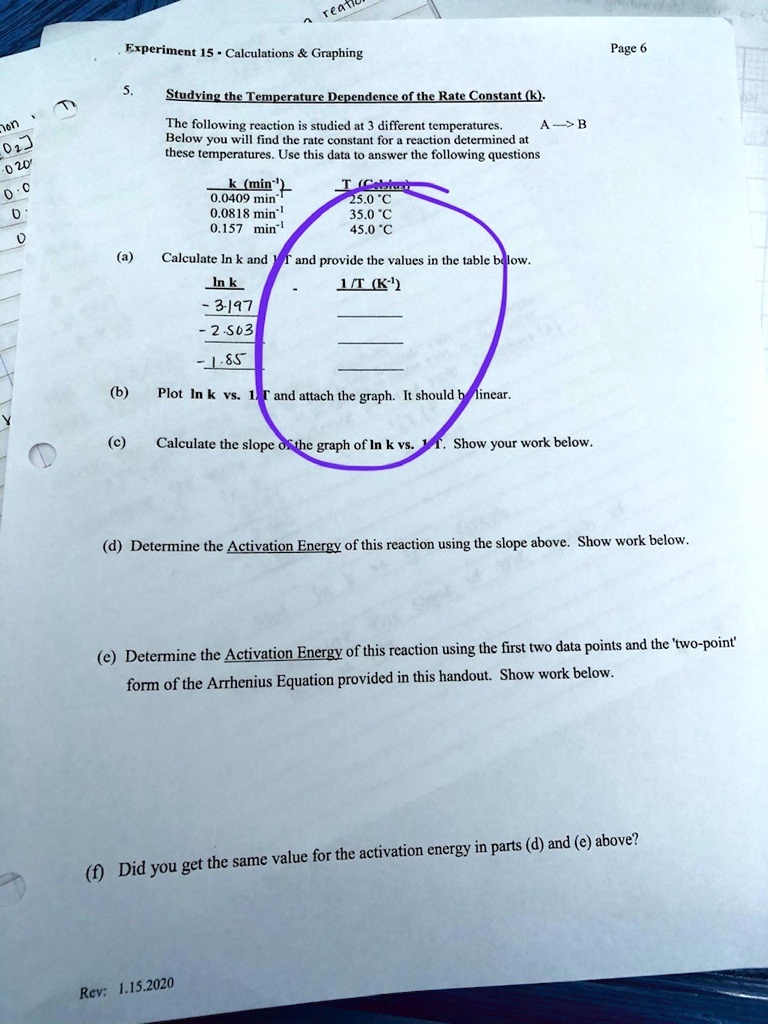 experiment 15 calculations graphing page studving the temperature dependence ol the rate ...