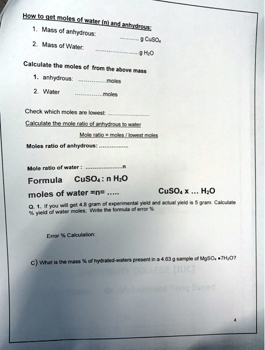 How to get moles of water (n) and anhydrous: 1. Mass of...