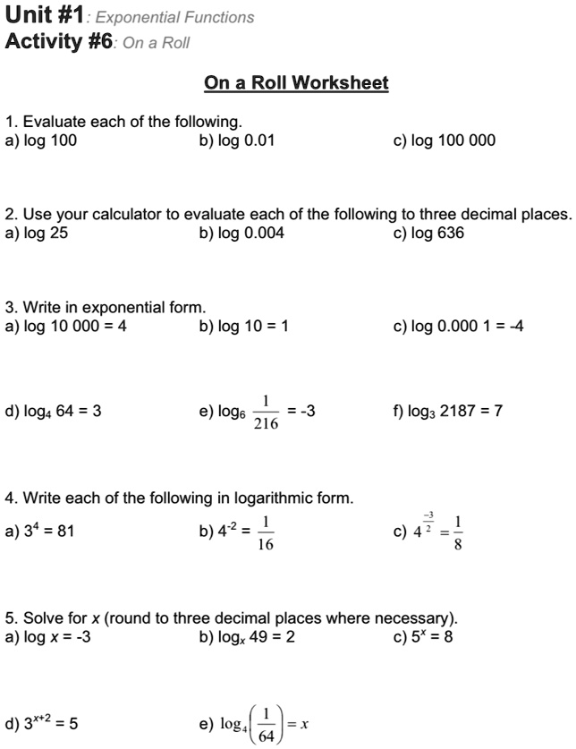 Unit #1: Exponential Functions Activity #6: On a Roll On a Roll Worksheet 1. Evaluate each of ...
