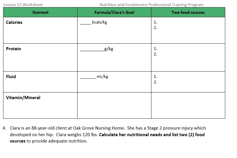 lesson 13 worksheet nutrition and foodservice professional training ...
