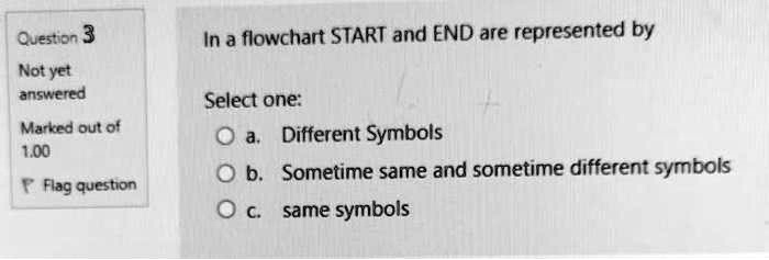 SOLVED: In a flowchart, START and END are represented by: Select one ...