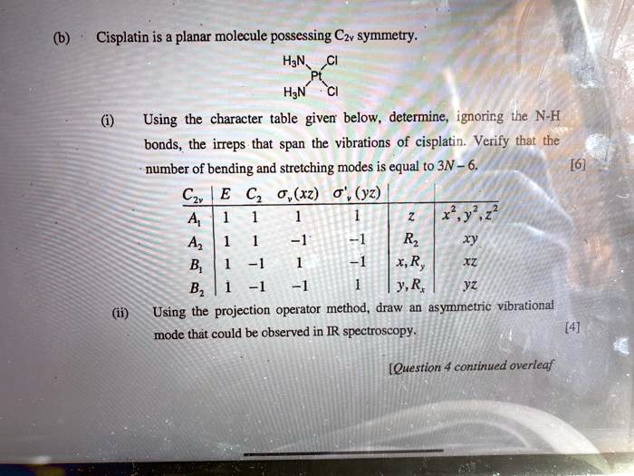 SOLVED: Cisplatin is a planar molecule possessing C2v symmetry. Using the character table given ...