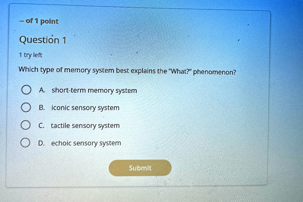 - of 1 point Question 1 1 try left Which type of memory system best ...