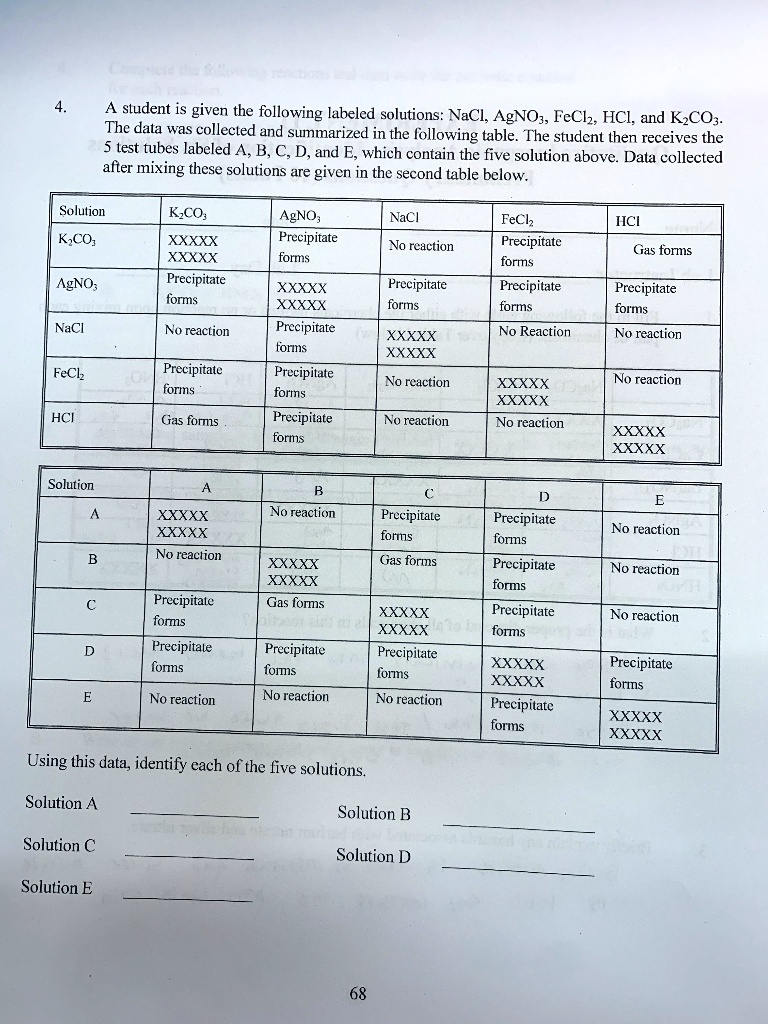 SOLVED: sludent is given the following labeled solutions: NaCl; AgNOj ...